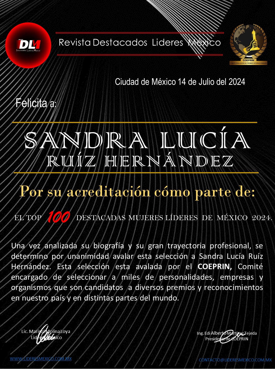 Carta felicitación Sandra Lucía Ruíz Hernández :: destacadoslideresdeméxico